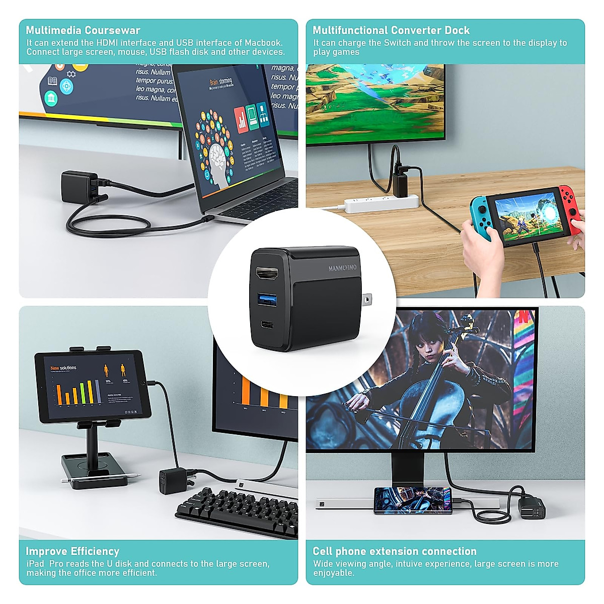 MANMUVIMO Switch Dock Charger HDMI Adapter for Nintendo Switch/OLED, Switch Docking Station Replacement for Original Dock Set, Portable 30W High-Speed with USB 3.0 Port, USB-C to USB-C Cable(Black)