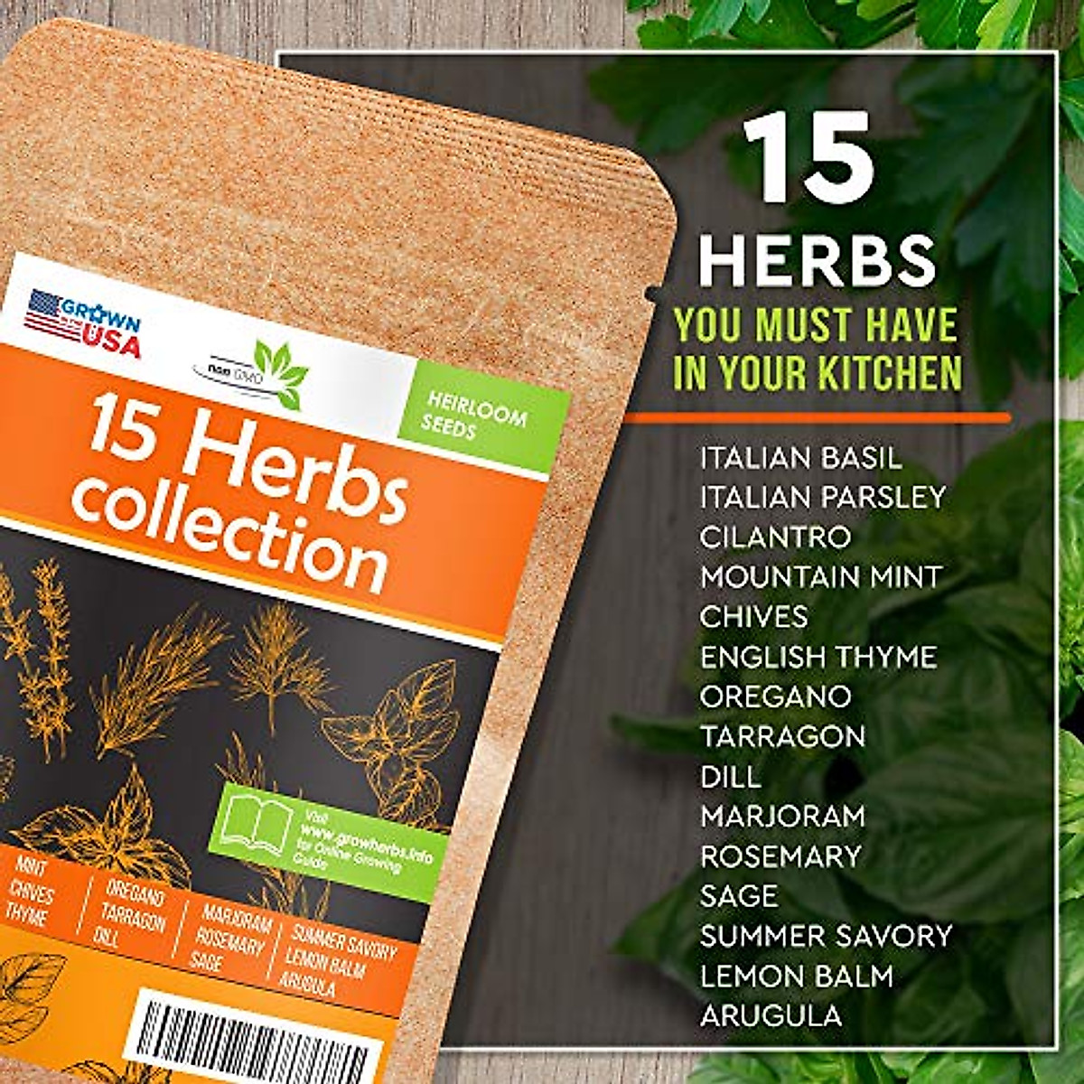 15 Culinary Herb Seeds Pack - Heirloom and Non GMO, Grown in USA - Indoor or Outdoor Garden - Basil, Parsley, Dill, Cilantro, Rosemary, Mint, Thyme, Oregano, Tarragon, Chives, Sage, Arugula & More
