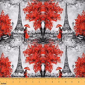 Eiffel Tower Upholstery Fabric, Romantic Paris Street Fabric by The Yard, Sweet Couple Lover Flowers Floral Decorative Fabric, French Paris Cityscape Indoor Outdoor Fabric, Red Grey, 3 Yards