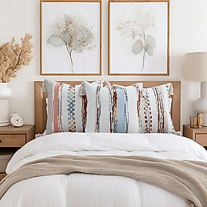 decorUhome Boho Decorative Throw Pillow Covers 18x18 Set of 2, Striped Chenille Tufted Pillow Covers with Tassels for Couch Bed Sofa, Cream White and Light Blue