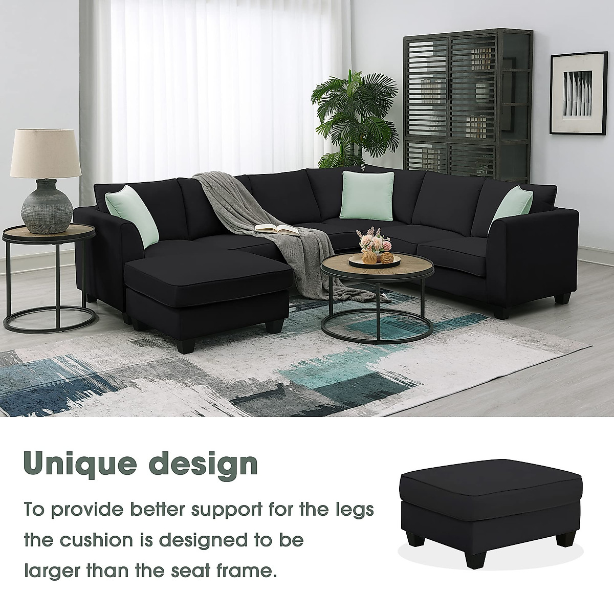 KoiHome 11287" Sectional Ottoman, Convertible L Shape Fabric Corner Couch Set with 3 Pillows, 7 Seats Modular Sofa Chaise for Living Room,Office,Apartment, Polyester, Black