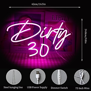 QiaoFei Led Dirty 30 Pink Neon Sign Letters USB Powered with Dimmer Switch Neon Lights for Girls Room Home Art Wall Decor 30th Birthday Party Window Living Room Decor Birthday Gift(Pink)