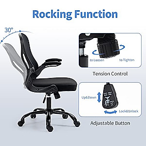 HOMEFUN Desk Chair with Wheels, Black Office Chair, Ergonomic Mesh Rolling Chair with Flip-up Armrests and Lumbar Support, Swivel Task Computer Chair