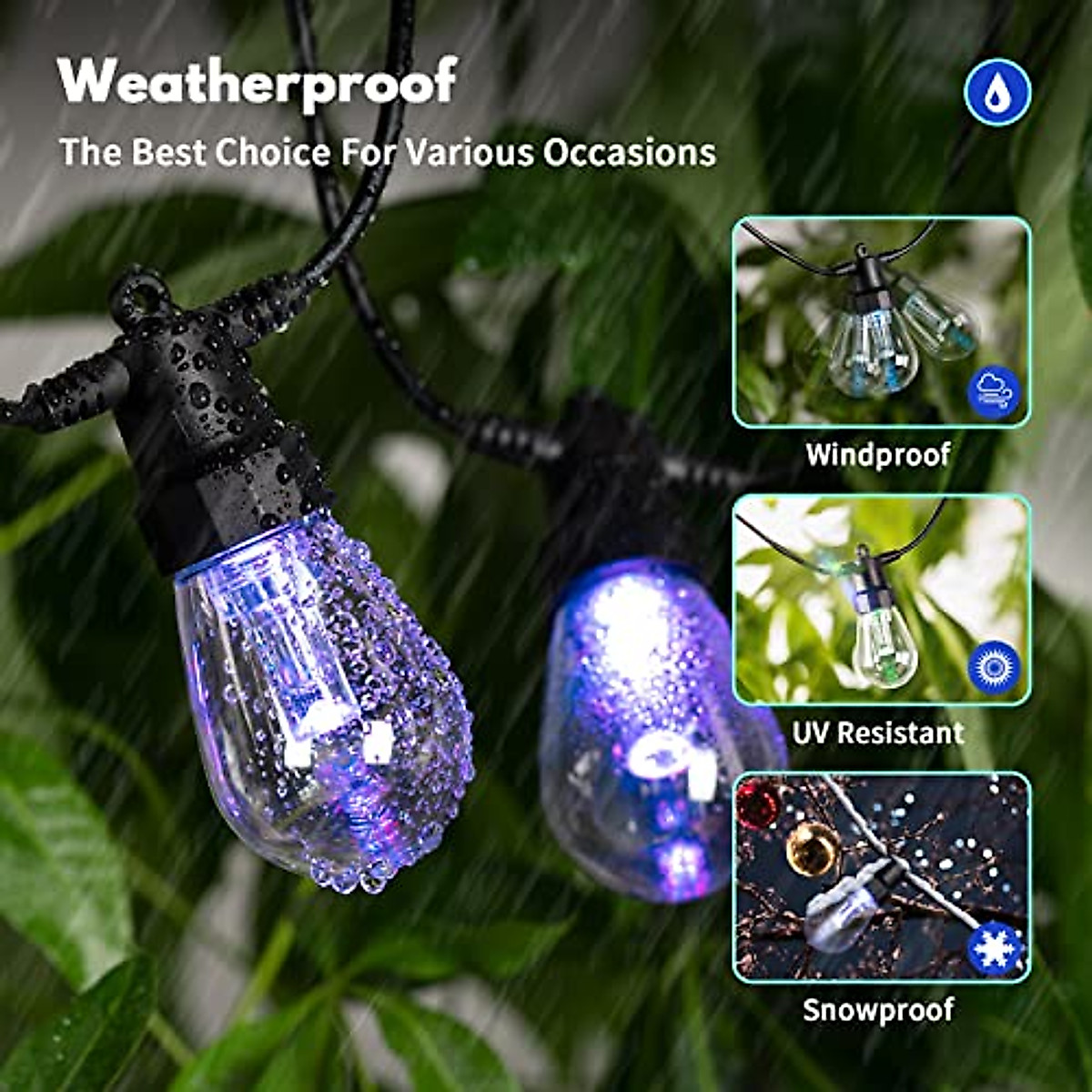 XHT Outdoor String Lights - 48ft Sync with Music Color Changing Outside Patio Lights with 15 Dimmable IP65 Waterproof RGB LED Bulbs with App & Remote Control for Dating, Party, Wedding