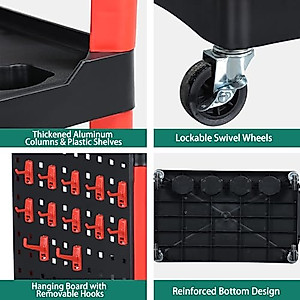 YITAHOME Auto Detailing Cart with Wheels, 3 Tier Rolling Detail Cart with Long Hanging Plate & Hooks & Hanging Bucket, Car Wash Organizer Cart for Detailers Garage, Workshop, Repair Shop, Storage Tool