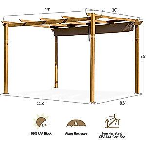 Domi 10' X 13' Outdoor Retractable Pergola Canopy, Aluminum Patio Pergola, Sun Shade Shelter for Backyards, Gardens, Patios, Deck, Ideal for BBQ, Party, Beach and More, Wood-Looking