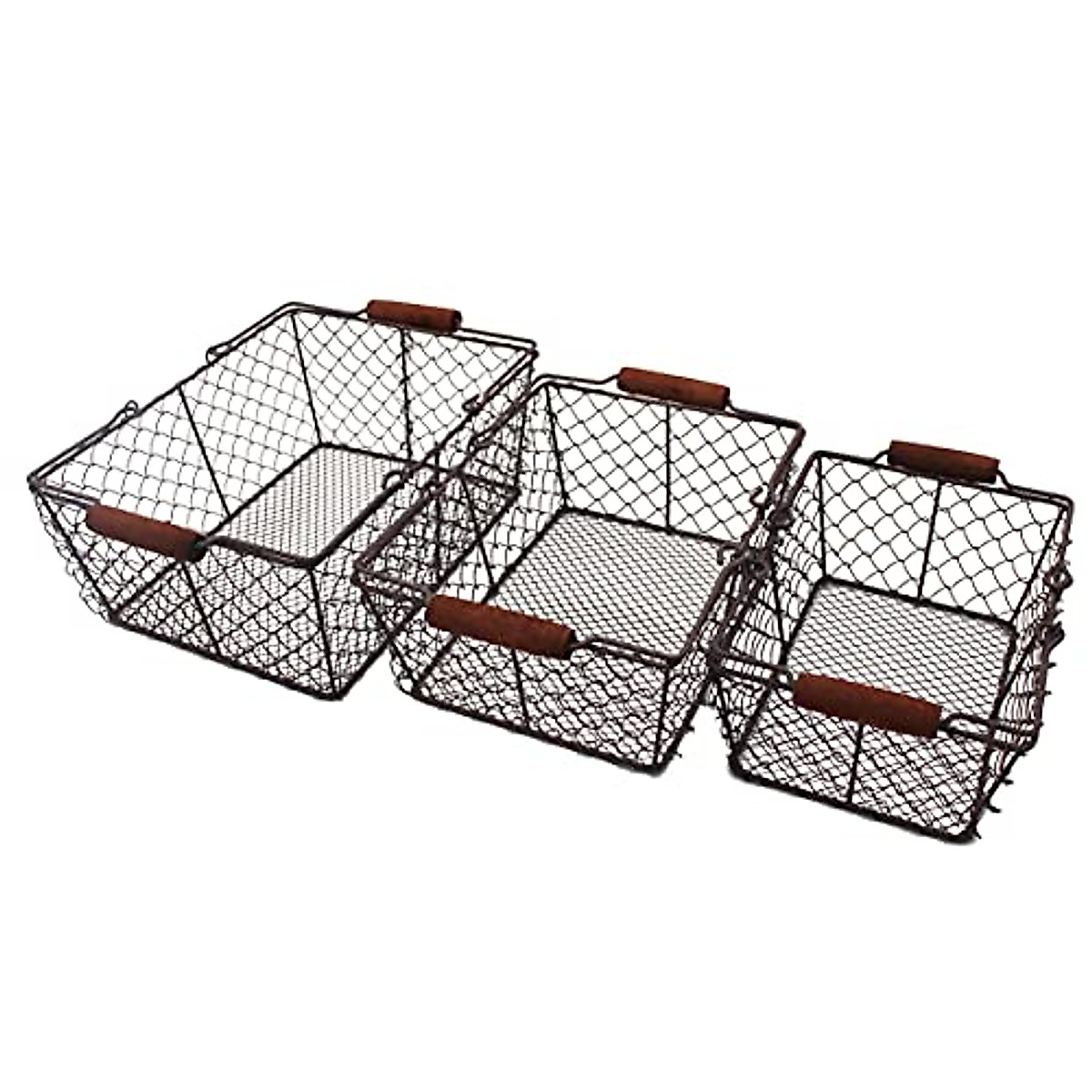CVHOMEDECO. Primitive Chicken Wire Gathering Baskets with Wood Handle Rectangular Farmhouse Storage Baskets Set, Rusty, Set of 3