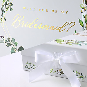 BRIGEL Bridesmaid Proposal Box Set of 3, 3 Will You Be My Bridesmaid Proposal Boxes for Bridesmaid Gifts, Leaf-Patterned White Box with Gold-Foiled Text, Magnetic Closure, and a White Ribbon