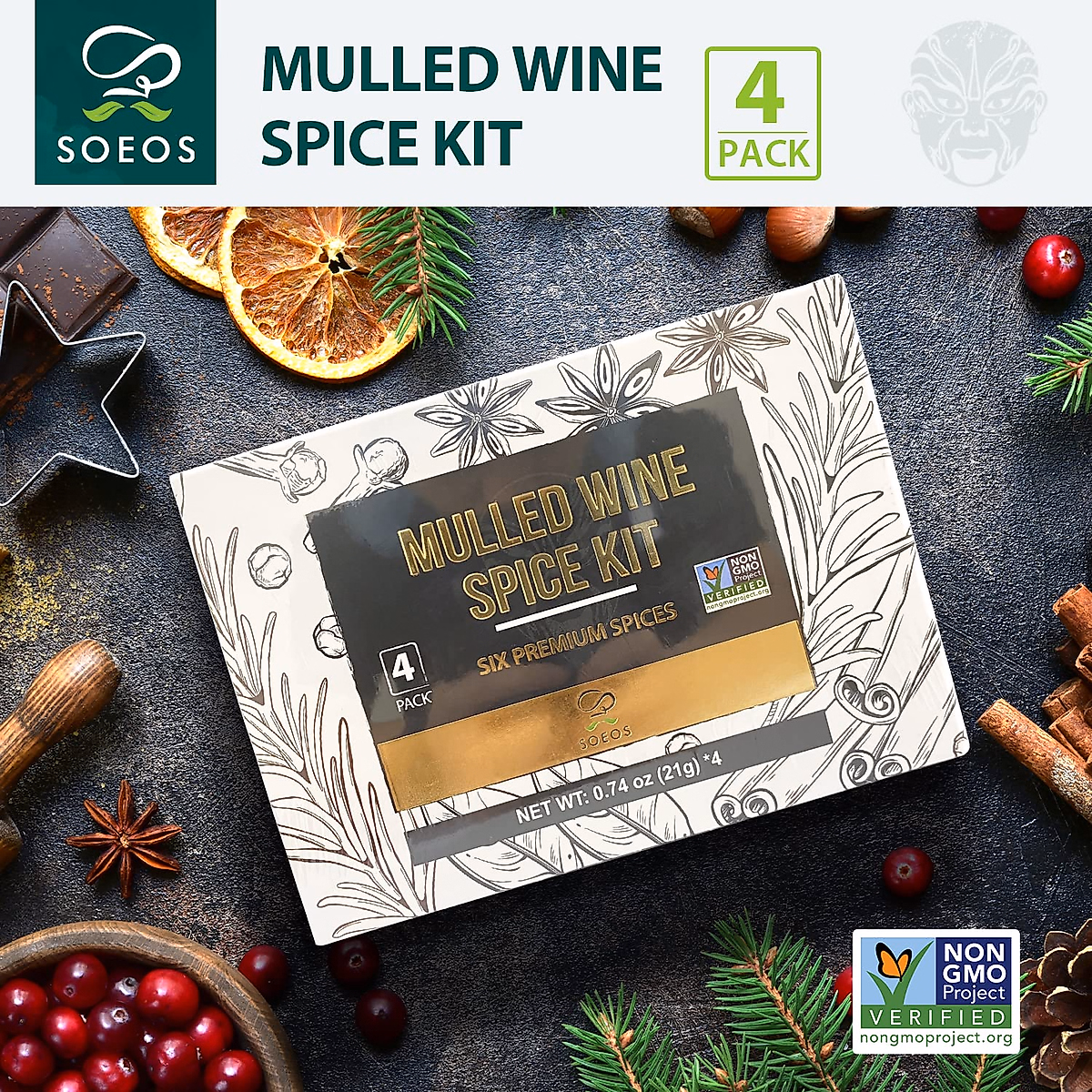 Soeos Mulled Wine Spice Kit, 2.96 oz (0.74 oz*4), Six Premium Spices, Mulled, Wine Spice Kit, Cooking Gadgets Holiday Gifts, Wine Gifts for Women, Christmas Gift Ideas