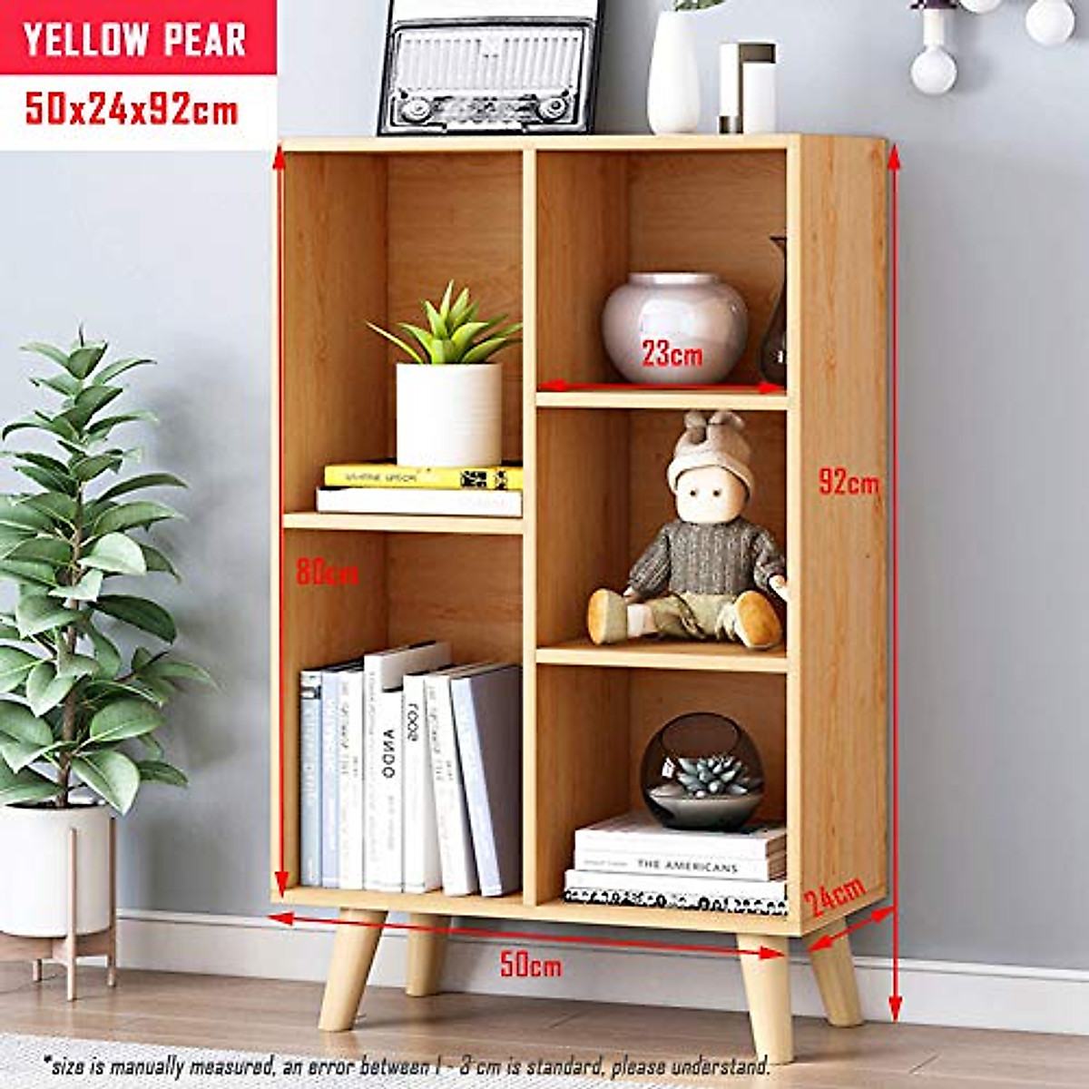 IOTXY Wooden Open Shelf Bookcase - 3-Tier Floor Standing Display Cabinet Rack with Legs, 5 Cubes Bookshelf, Pear Yellow