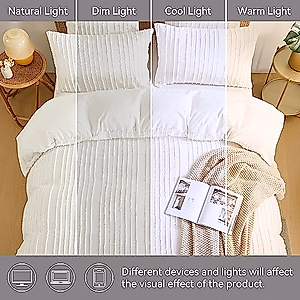 Nayoroom White Boho Duvet Cover Set Queen Size Striped Textured Tufted Bedding Sets 3 Pieces Soft Lightweight Washed Microfiber Farmhouse Aesthetic Comforter Cover with Zipper Closure for All Seasons