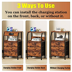 Furnulem Night Stand with Charging Station, Small Bedside Table with Wood Shelf, End Table with USB Ports & Outlets, 3 Fabric Drawers Side Table for Bedroom, Closet, 3 Ways to Use, Rustic Brown
