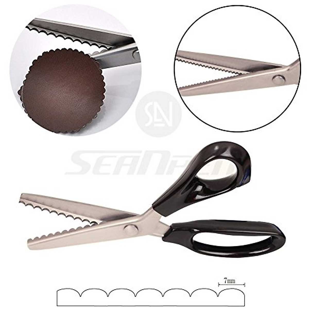 Fabric Pinking Shears Craft Scissors，Serrated Scalloped stainless Steel Handled Professional Sewing black Scissors, Scissors for Leather, Tailoring, Paper Crafts Hand shears etc. (Scalloped7mm)