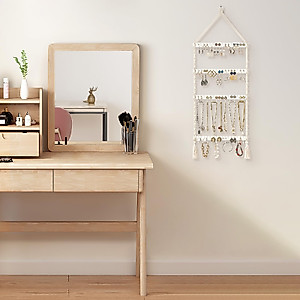 Mkono Hanging Jewelry Organizer Macrame Necklace Holder Wall Mounted Jewelry Hanger Earring Holder Organizer Boho Decor Over Door Jewelry Display Necklace Rack for Necklaces Bracelets Earrings