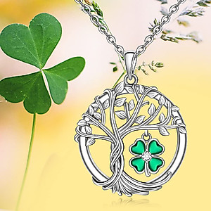 St Patricks Day Shamrock Necklace for Women Sterling Silver Tree of Life Necklace 4 Leaf Clover Pendant Good Lucky Irish Shamrock Green Clover Jewelry Holiday Gifts