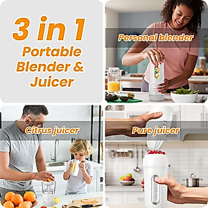 Portable Blender for Shakes and Smoothies - 3 in 1 Personal Blender with Citrus Juicer and Pure Juicer, Smoothie Blender with 12 Oz Travel Cup and Lid, USB Rechargeable Smoothie Maker Mini Blender