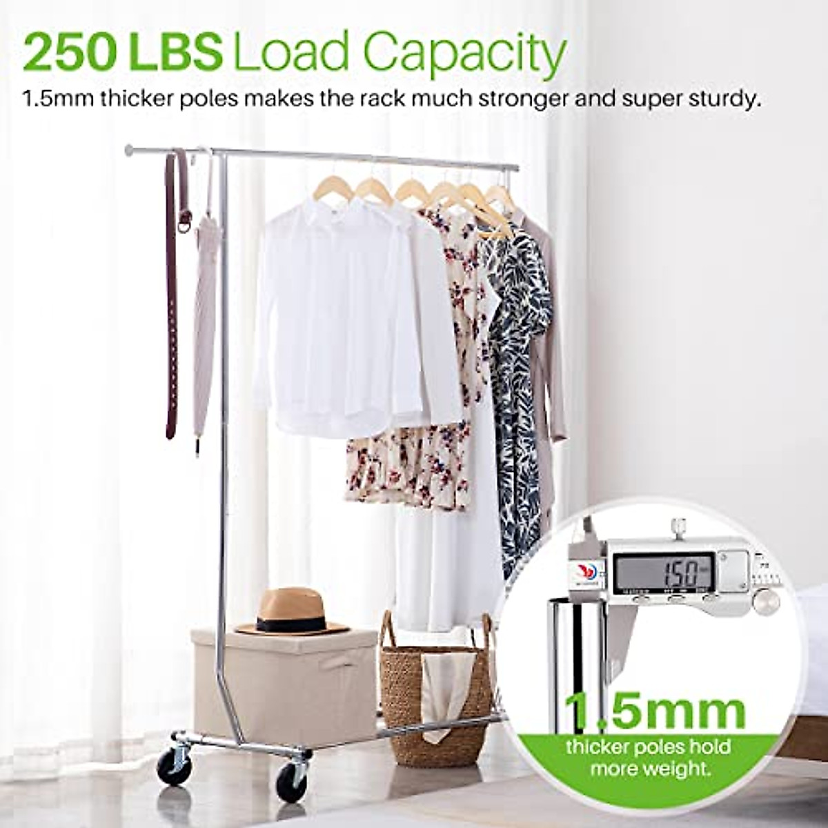 HOKEEPER 250 Lbs Load Capacity Commercial Grade Clothing Garment Racks Heavy Duty Sing Rail Adjustable Collapsible Rolling Clothes Rack on Wheels, Chrome Finish