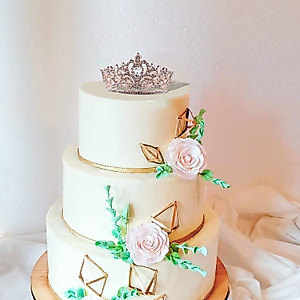 Crown Cake Topper Crystal Quinceanera Crown Princess Tiara for Women and Girls Decoration for Wedding Birthday Baby Shower Bride Hair accessories (Rose Gold)