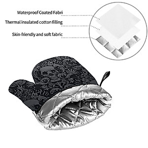 Victorian Gothic Black Skull Damask Oven Mitts and Pot Holders Sets of 4,Resistant Hot Pads with Polyester Non-Slip BBQ Gloves for Kitchen,Cooking,Baking,Grilling
