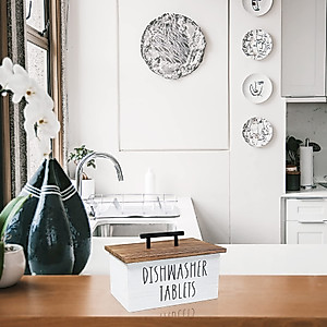 Dishwasher Pod Container, Farmhouse Dishwasher Pods Holder, Kitchen Tablet Organizer, Wood Dishwasher Tablet Dispenser Caddy, Rustic Powder Coated Box with Lid