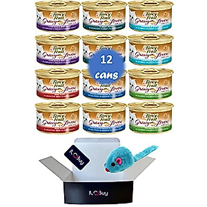 Fancy Feast Gravy Lovers Bundle, 2 Turkey, 2 Ocean Whitefish, 2 Salmon & Sole, 2 Beef, 2 Salmon Feast , & 2 Chicken & Beef. Each can is Total of 12 cans and Mouse Toy., 3 Ounce (Pack of 12)