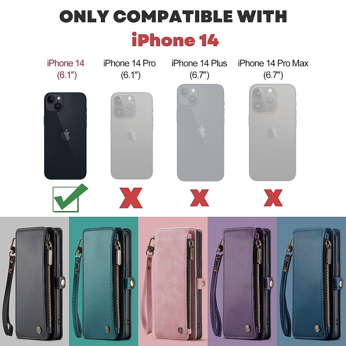 Defencase for iPhone 14 Case, RFID Blocking for iPhone 14 Wallet Case for Women Men with Credit Card Holder Slots Zipper Book Flip PU Leather Protective Cover for iPhone 14 Phone Case, Wine Red