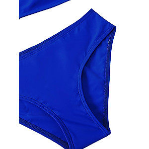 Romwe Girl's 2 Piece Swimsuit Sport Solid High Waist Bikini Set Bathing Suit Blue Solid Plain 160