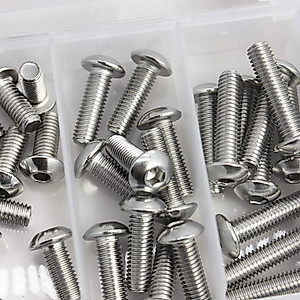 M6 x 8mm 12mm 16mm 20mm 25mm Button Head Socket Cap Screws Bolts, 304 Stainless Steel, Bright Finish, Metric Allen Hex Drive, Fully Threaded, 50PCS