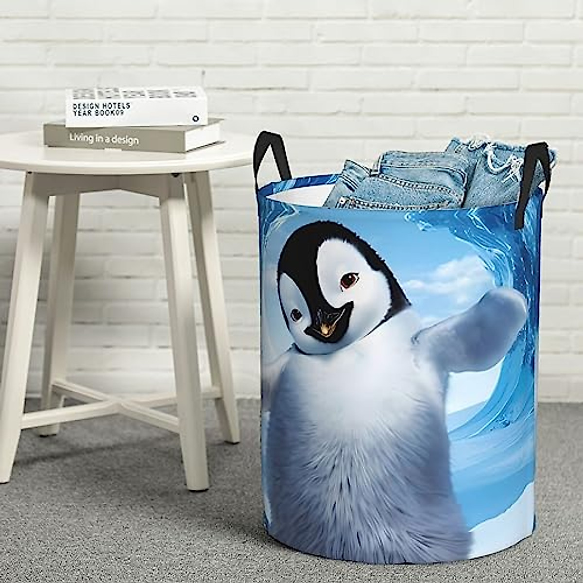 Cute Penguins Baby Taking Pictures Laundry Basket Protable Circular Laundry Hamper Storage Bin Organizer With Handles For Bathroom,Bedroom Clothes