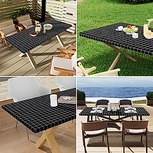 Spotjoy Rectangle Vinyl Table Cloth, Elastic Fitted Flannel Backed Plastic Table Covers for 6 Foot Folding Tables, Waterproof for Picnic, Camping, Indoor and Outdoor (Black, 30 x 72 inch)