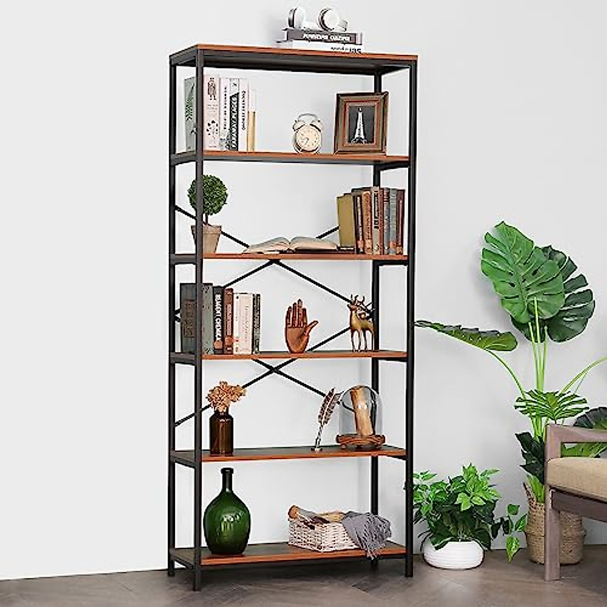 Devo Bookshelf, Industrial Book Shelf Large Storage Shelves, Display Shelf Tall Bookcase Metal Bookshelves, 6 Tier Bookcases Wood Heavy Duty Shelving Unit for Bedroom,Office and Living Room, Vintage