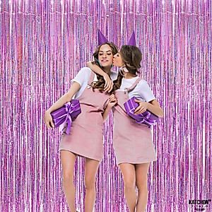 KatchOn Iridescent Pink Backdrop Curtain - XtraLarge 3.2x8 Feet, Pack of 2 | Pink Streamers for Pink Party Decorations | Pink Fringe Backdrop for Pink Birthday Decorations | Pink Fringe Photo Backdrop