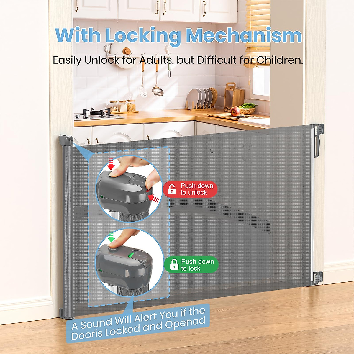 HAMOPY Retractable Baby Gate, 33" Tall, Extends up to 72" Baby Gates Extra Wide, Mesh Gates for Kids or Pets with Alarm, Durable Child Safety Gate for Doorways, Stairs, Hallways, Indoor/Outdoor (Grey)