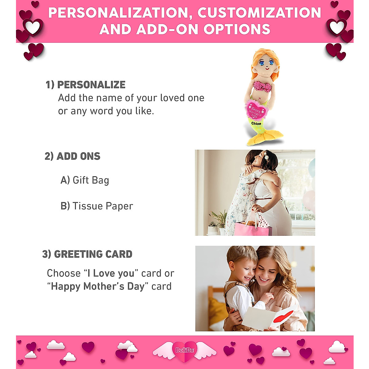 DolliBu Happy Mother's Day Super Soft Plush Green Mermaid Doll Figure - Cute Stuffed Animal with Pink Heart Message for Best Mommy, Grandma, Wife, Daughter - 14" Inches