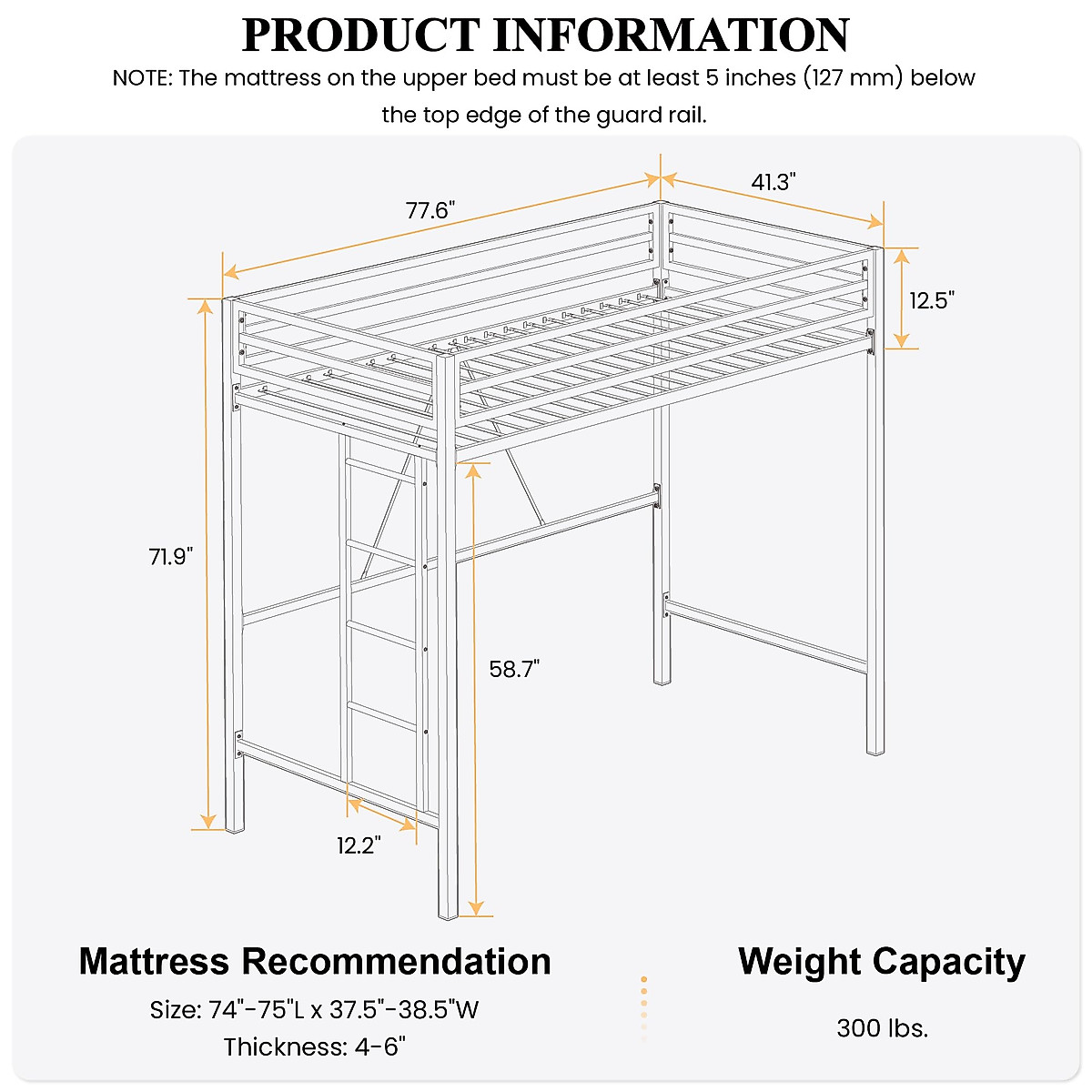 SHA CERLIN Junior Loft Bed Twin Size, Heavy Duty Twin Bed Frame with Full-Length Guardrail & Removable Stairs, Noise-Free, Space-Saving, No Box Spring Needed, Black