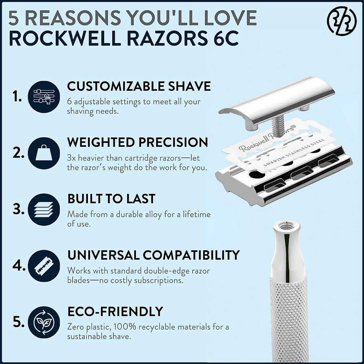 ROCKWELL RAZORS 6C White Chrome Safety Razor With 6 Adjustable Shave Settings and 5 Fully Recyclable Razor Blades Reusable Safety Razors for Men and Women