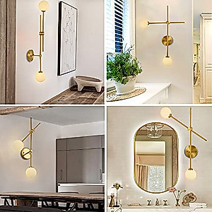 BAODEN Modern 2 Lights Globe Wall Sconce Industrial Wall Lamp with G4 Bulb Mid Century Rotatable Light Fixture Brushed Brass Finished with White Globe Glass Lampshade (Gold Color)