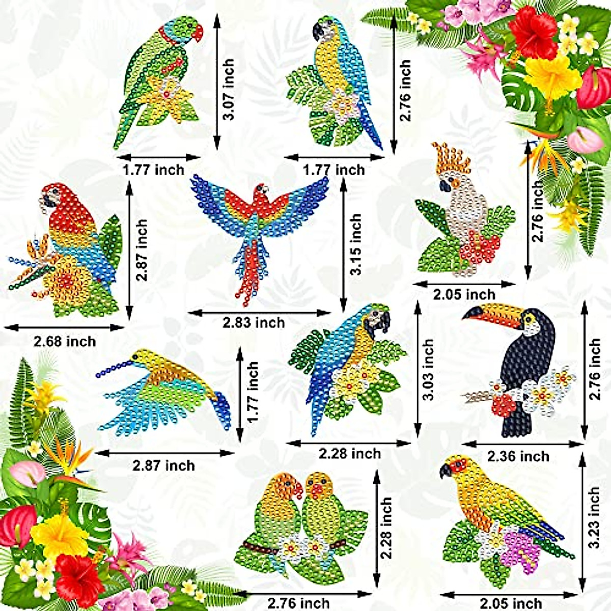 Augisteen 10 PCS Tropical Birds Diamond Painting Keychains Hawaiian Parrots Diamond Art Key Rings Luau Party Hanging Pendants Double Sided 5D Diamond Ornaments for DIY Crafts Summer Party Supplies