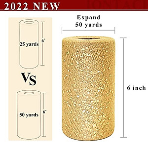Glitter Tulle Rolls 6 Inch by 50 Yards Sequin Tulle Fabric Ribbon for DIY Tutu Skirt Sewing Bow Wedding Decorations Craft Supplies (Antique Gold)