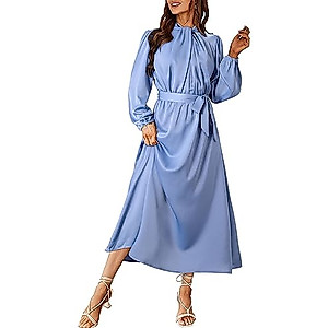 Dokotoo Women's Long Sleeve Satin Dresses Spring Mock Neck Keyhole Elastic High Waist Wedding Guest Evening Party Midi Dress Sky Blue Medium