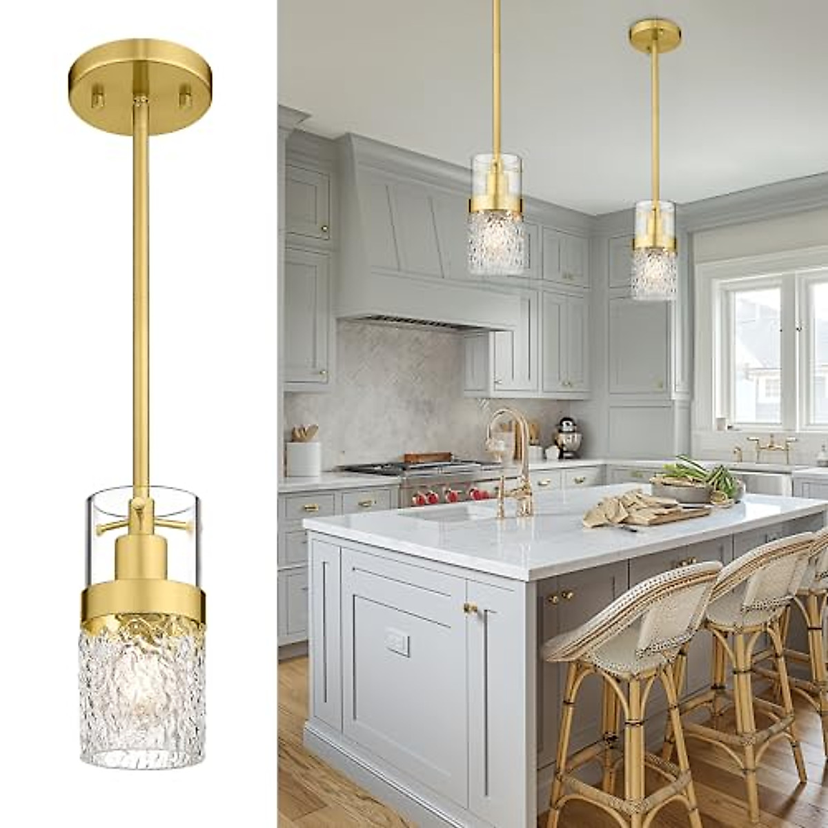 LMS Gold Pendant Light, 1-Light Pendant Lighting for Kitchen Island with Hammered Glass, LMS-171