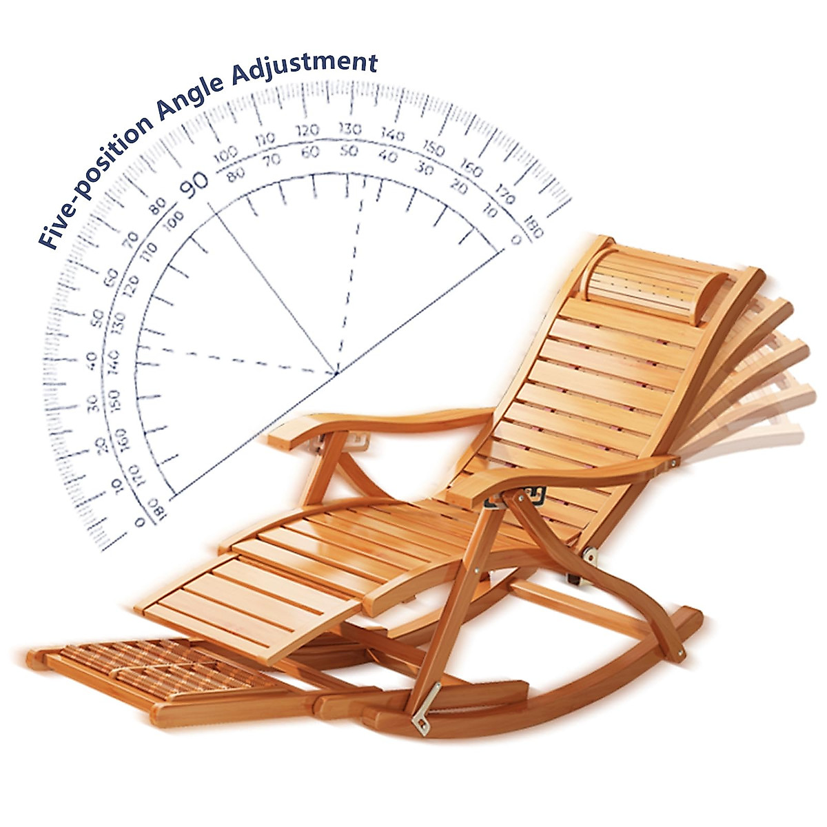 Outdoor Rocking Chair,Foldable Recliner,Bamboo Lounge Chair,Foldable Rocking Chair,Garden Deck Chairs for Elderly,Garden Chair,with Headrest Pillow and Foot Massage Board(Grey)