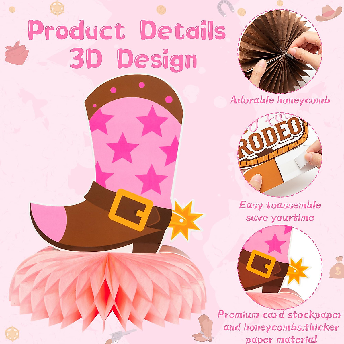 ANGOLIO Cowgirl Honeycomb Table Decorations - 12Pcs My First Rodeo Themed Honeycomb Table Decor Pink Cow Paper Honeycomb Centerpieces Western Theme Party Pink Little Cowgirl Party Table Decoration
