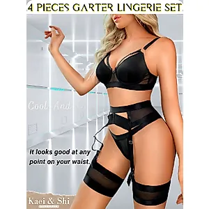 Kaei&Shi Garter Belt Thong Lingerie For Women,Strappy Hollow Out Sexy Lingerie,Underwire Mesh Sheer Matching 4 Piece Lingerie Set Boudoir Black 2X-Large