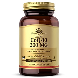 Solgar Vegetarian CoQ-10 200 mg, 60 Vegetable Capsules - Heart Healthy, Protective Antioxidant - Coenzyme Q10 (CoQ-10) Supplement - Vegan, Gluten Free, Dairy Free, Kosher - 60 Servings