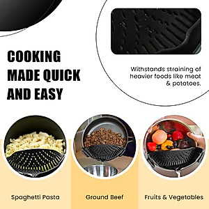 Clip On Kitchen Food Strainer for Spaghetti, Meat, Pasta, & Ground Beef Grease, Colander & Sieve Snaps or Clips Onto Bowls, Pots & Pans Includes Silicone Drainer, Brush & Garlic Peeler (Black)