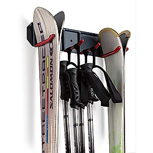 Wall Mounted Rack Organizer for Skis and Poles Heavy Duty Horizontal Wall Ski Rack Garage Storage with Metal Frame and Padded Hooks Indoors Outdoors Premium Wall Hooks (Medium Holds 2 Set of Ski's)