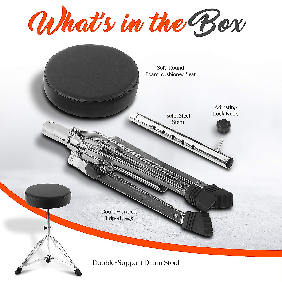 Pyle Adjustable Drum Throne Stool-Portable with Double-braced Tripod Legs, Foam-Cushioned Seat, Perfect for On Stage and in-Studio Use PSEATDRM28