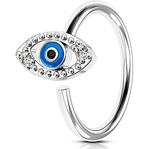 OUFER 20G Nose Ring Hoop，316L Stainless Steel Blue Evil Eye Cartilage Earrings，Nose Piercing Jewelry for Women and Men Silver Color