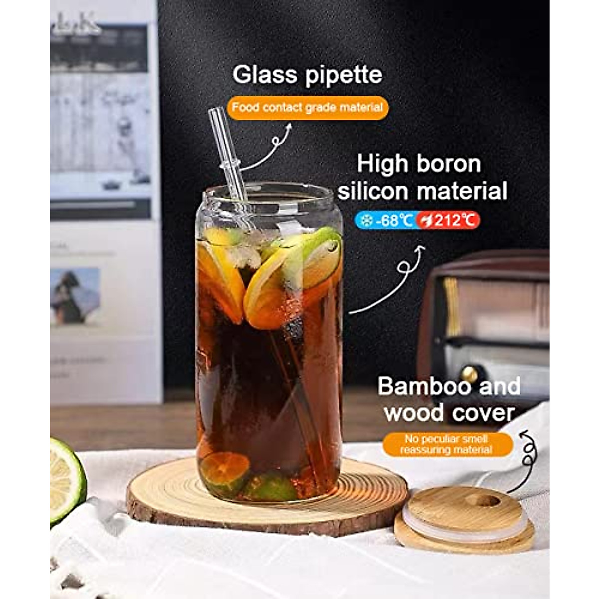 PUPUBLUE 4pcs Glass Cups with Bamboo Lids and Glass Straws, 16oz Drinking Glasses Can Shaped Glass Cups, Beer Glasses, Iced Coffee Glasses, Ideal for Whiskey, Gift, Wine, Cocktail- 2 Cleaning Brushes